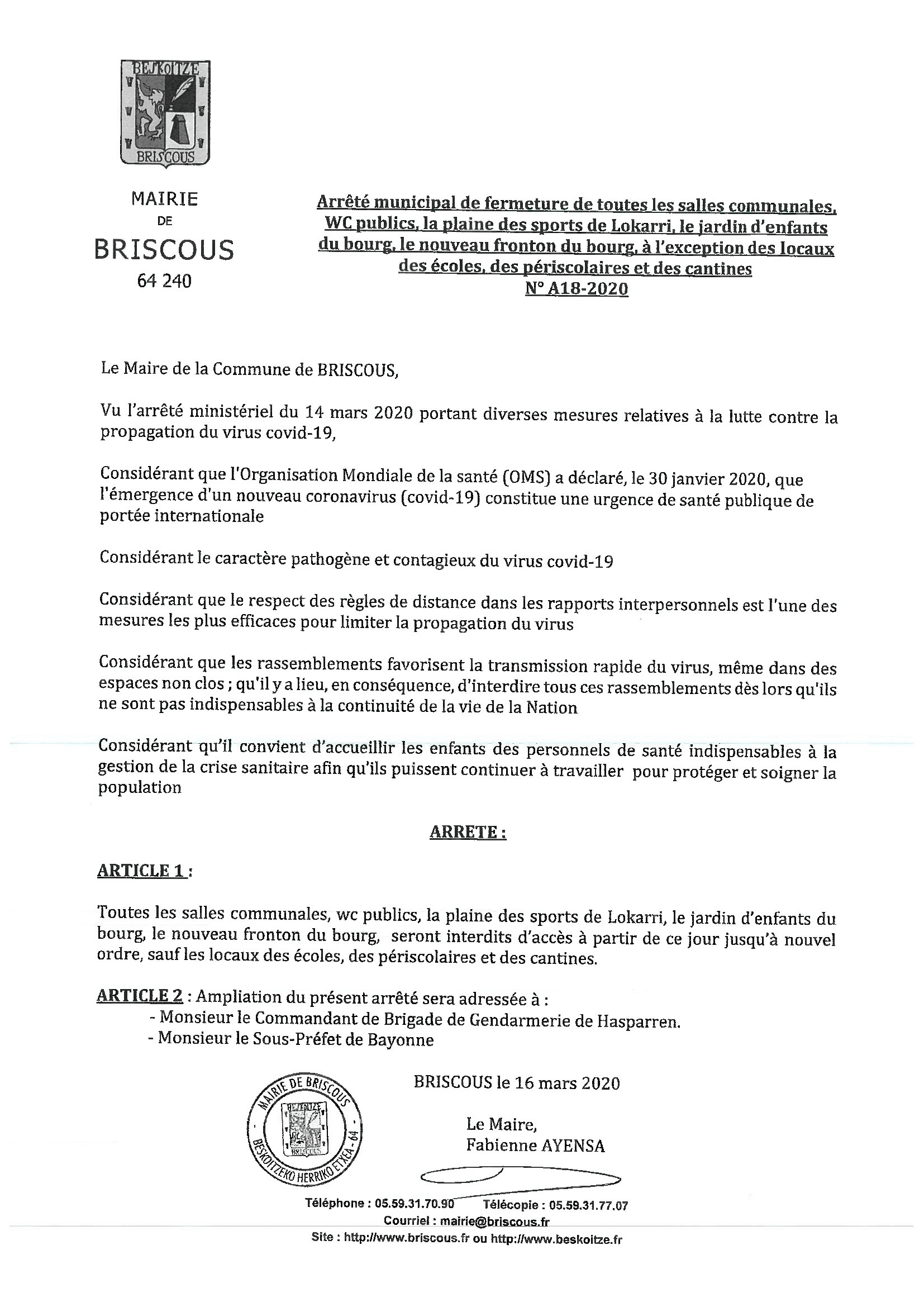 COVID 19 : Arrêté municipal du 16 mars 2020 - Site Officiel de la ...